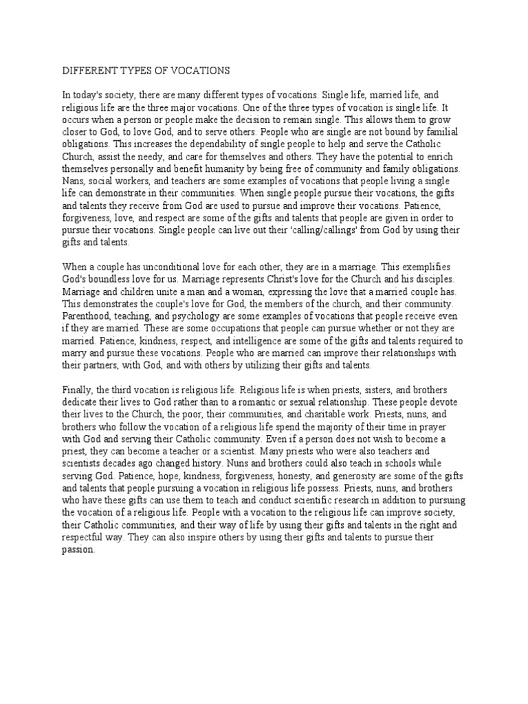 Different Types of Vocations | PDF | Nun | Catholic Church