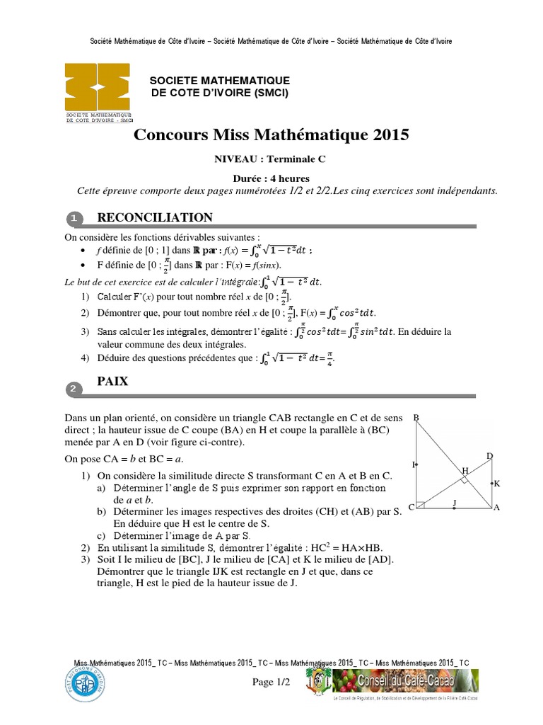 Concours Miss Mathématiques 2015 TC | PDF | Intégral | Entier relatif