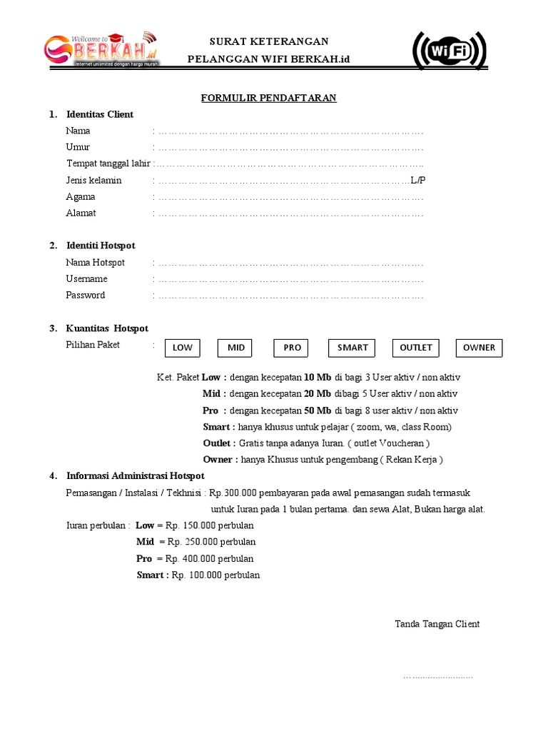 Formulir Pendaftaran Wifi Berkah.id | PDF | Karier & Perkembangan | Bisnis