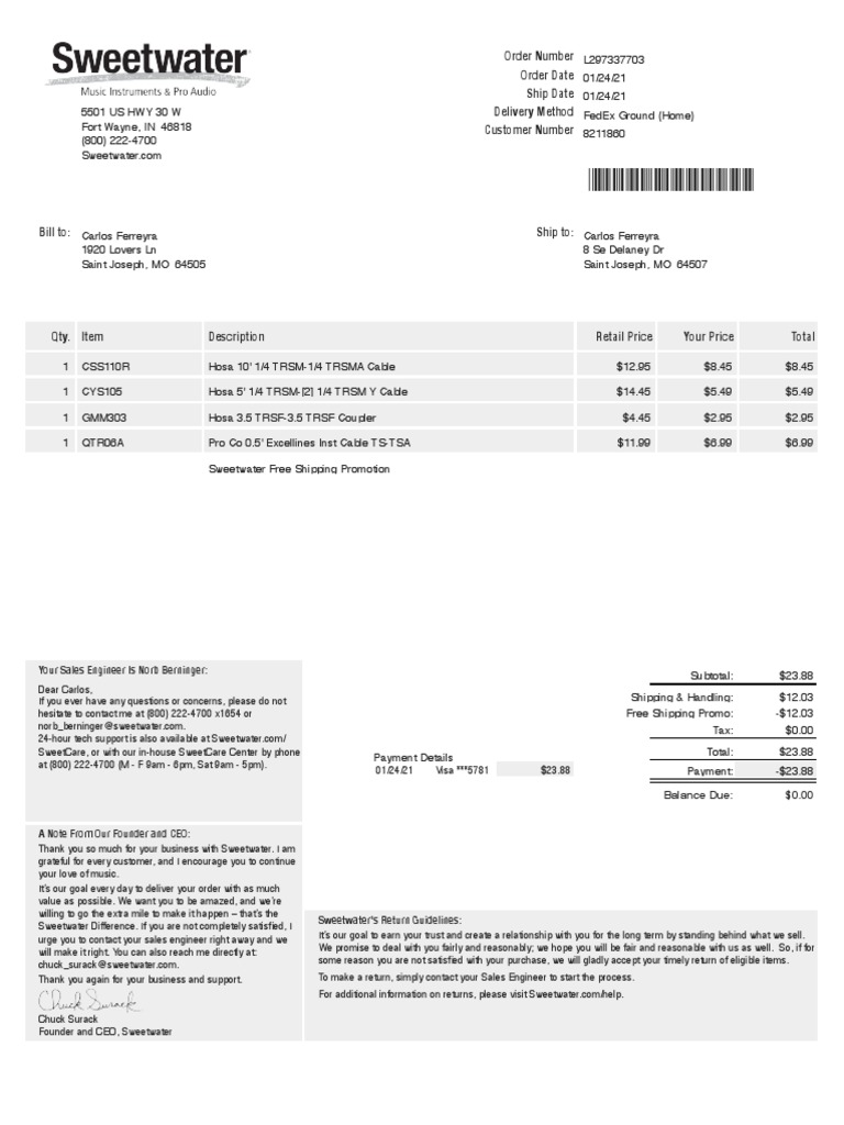 Sweetwater Order Invoice for Carlos Ferreyra | PDF | Business Economics ...