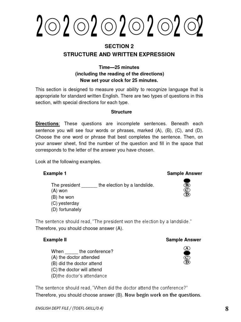 Analysis of a TOEFL Practice Test Section on Structure and Written ...