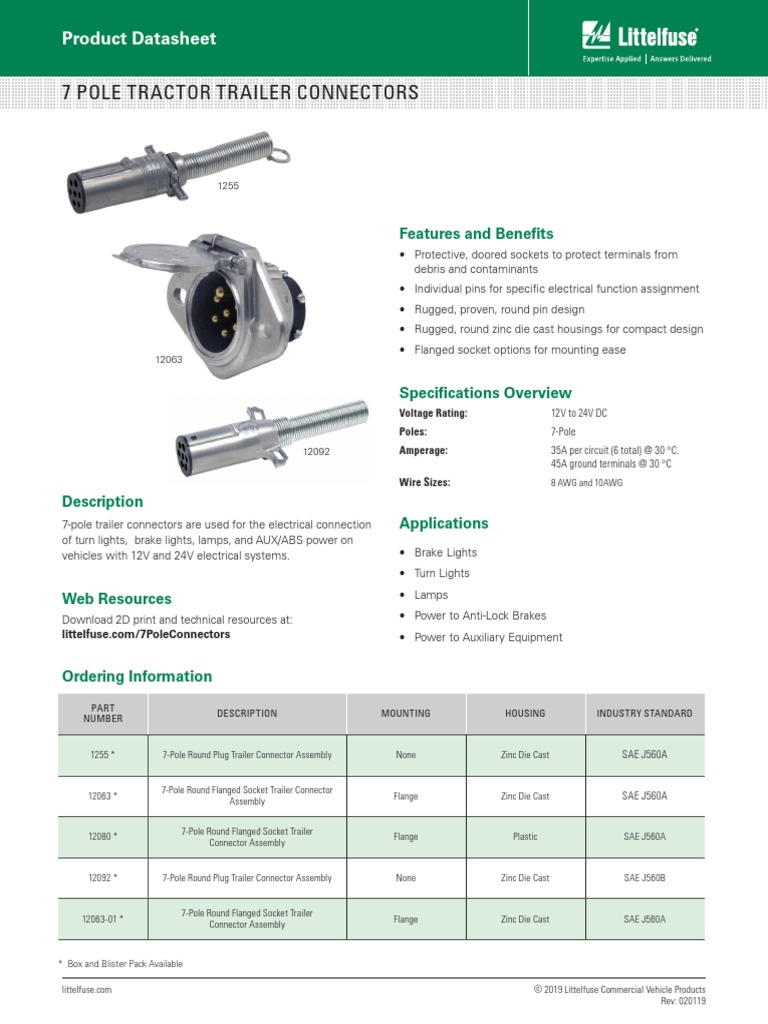 7 Pole Tractor Trailer Connectors: Product Datasheet | PDF | Trailer ...