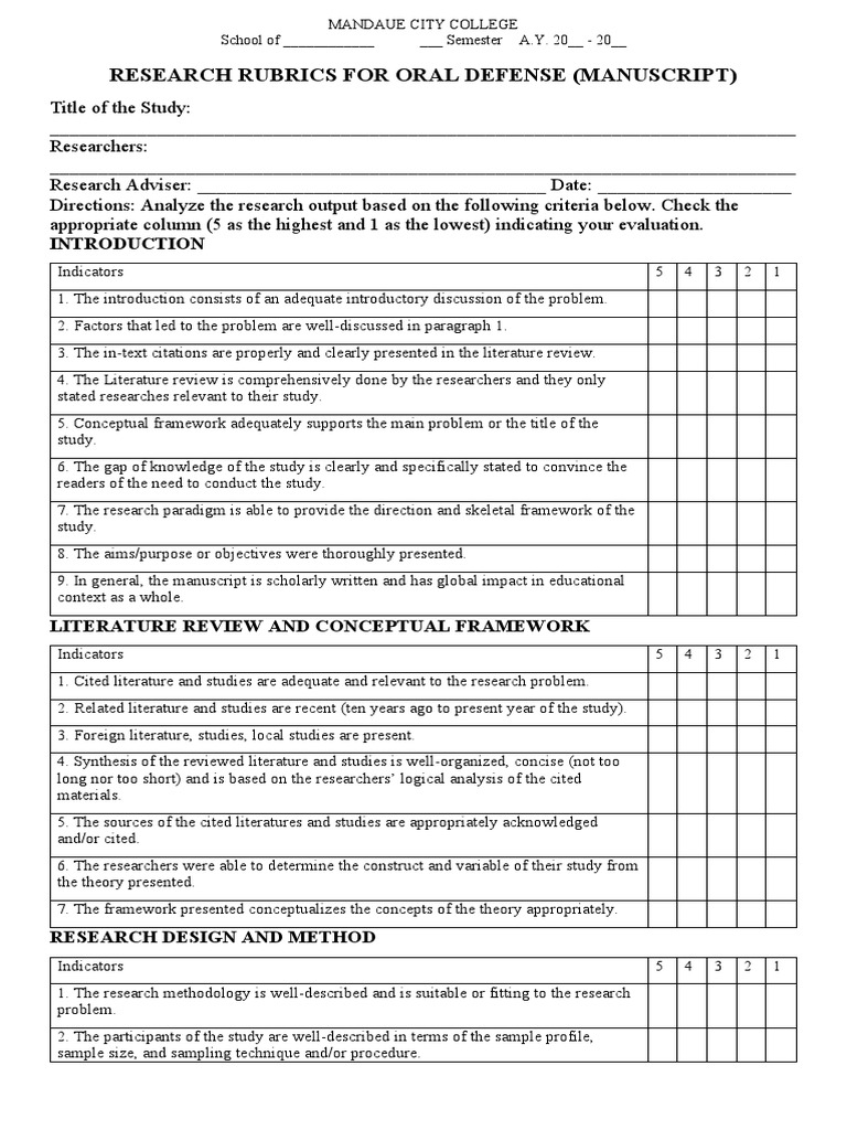 Research Rubrics For Oral Defense Manuscript | PDF | Statistics ...