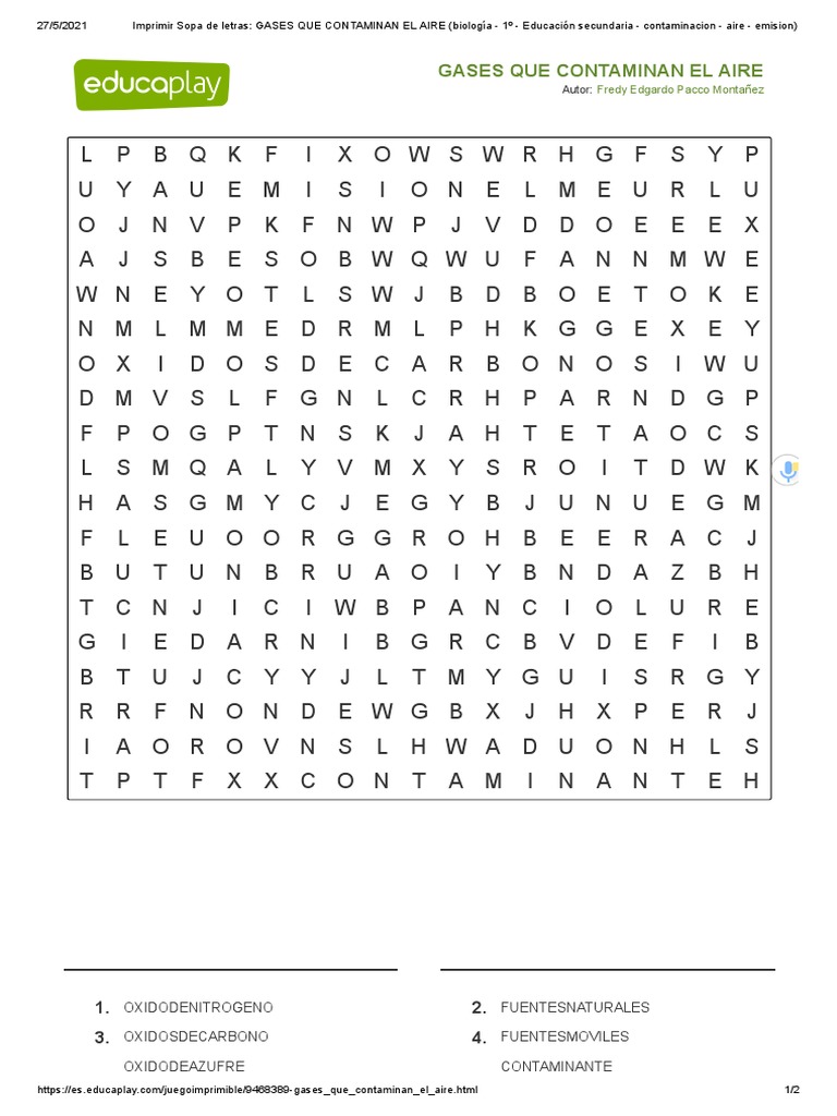 Imprimir Sopa de Letras - GASES QUE CONTAMINAN EL AIRE (Biología - 1º ...