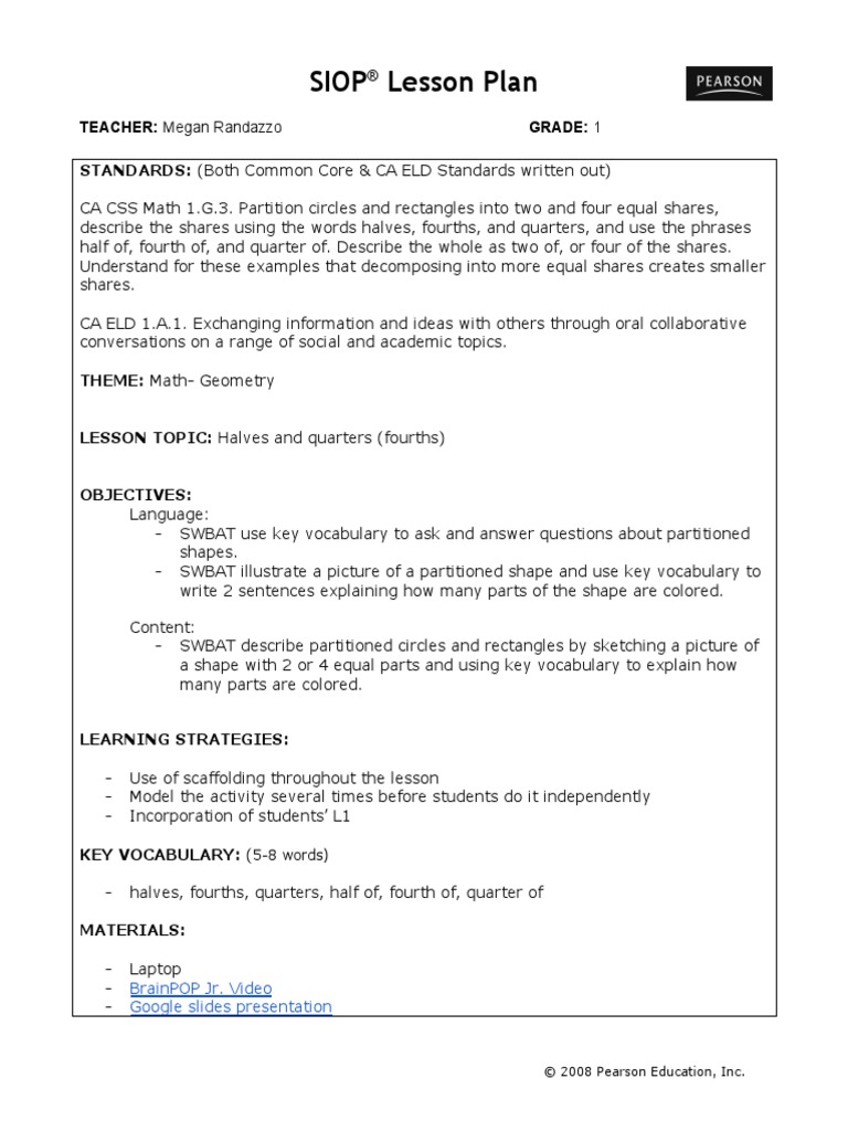 First Grade Math Siop Lesson Plan | PDF | Lesson Plan | Question