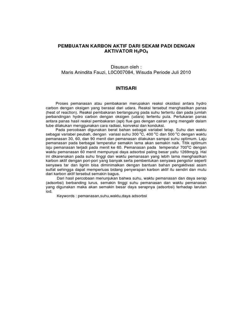 Pembuatan Karbon Aktif Dari Sekam Padi Dengan Aktivator H3po4 | PDF