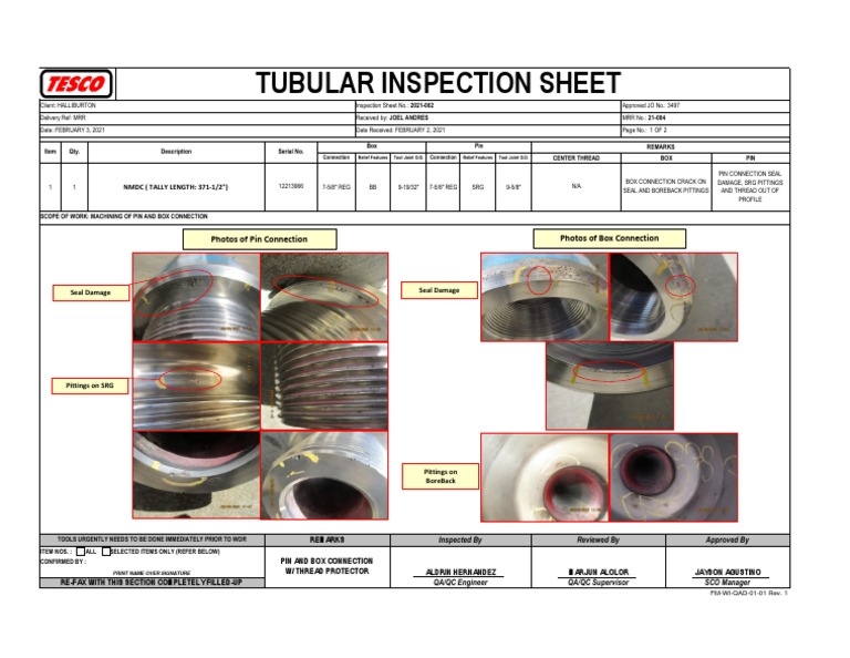 Tubular Inspection Sheet - 2021-002 Pg.1 | PDF