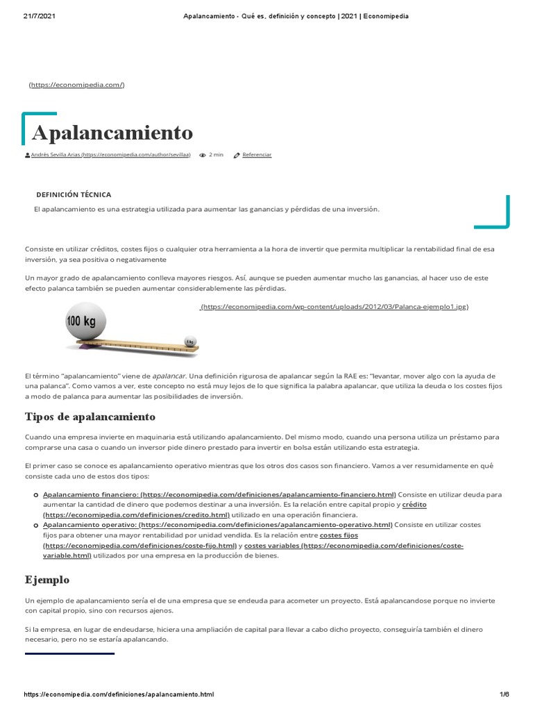 Apalancamiento - Qué Es, Definición y Concepto - 2021 - Economipedia ...