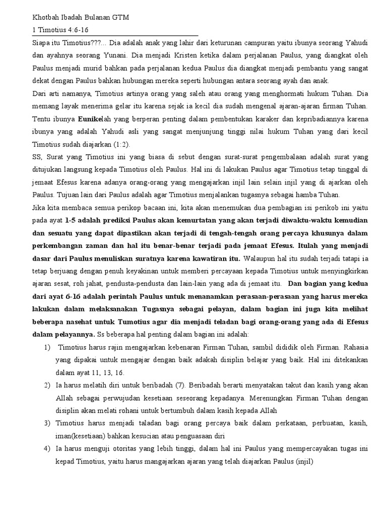 Khotbah Ibadah Bulanan GTM | PDF