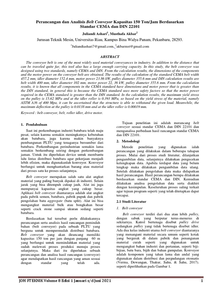 Perancangan Dan Analisis Belt Conveyor Kapasitas 150 Ton/Jam Berdasarkan Standar CEMA Dan DIN ...
