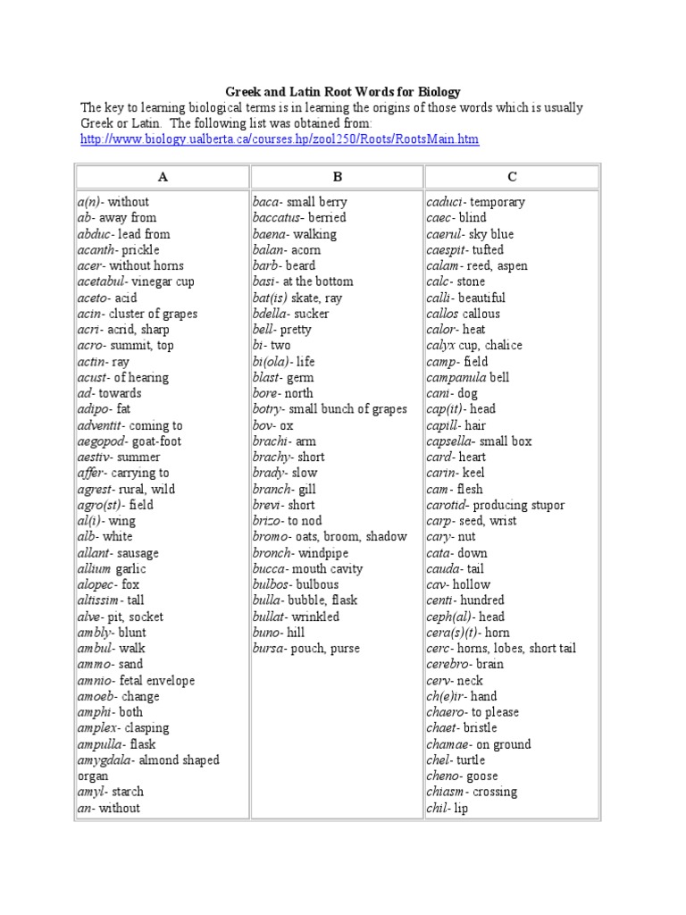 Greek and Latin Root Words For Biology | PDF