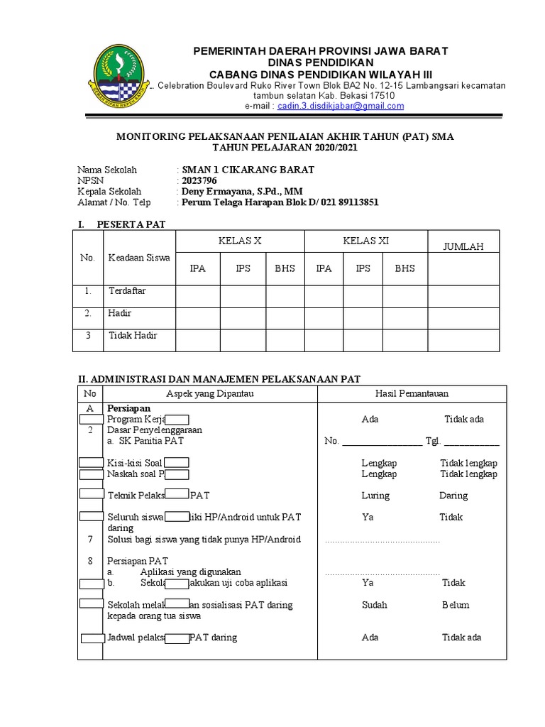 Instrumen Monev PAT SMA 2021 ID | PDF