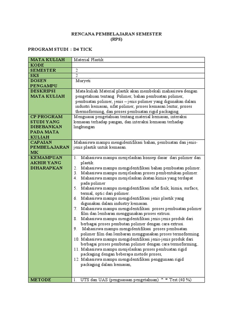 01 - RPS Material Plastik | PDF | Seni | Teknologi & Rekayasa