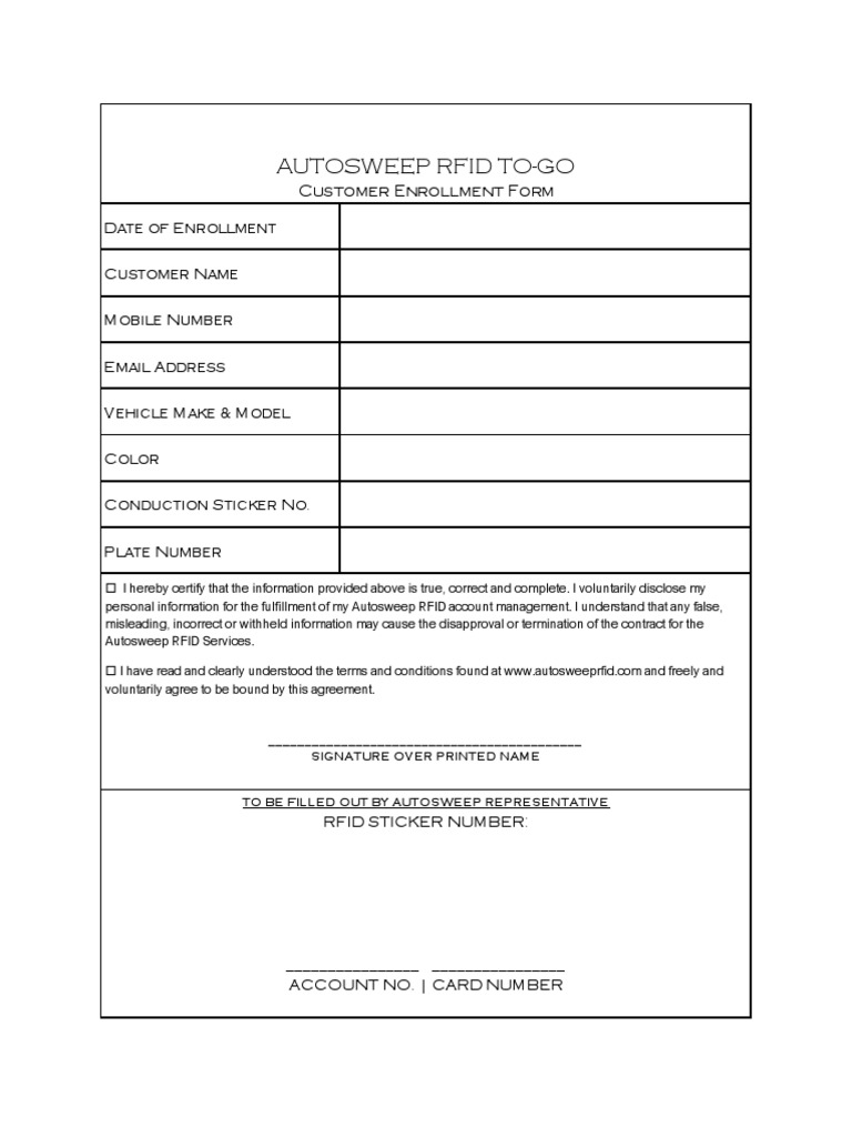 Autosweep Rfid To-Go: Customer Enrollment Form | PDF