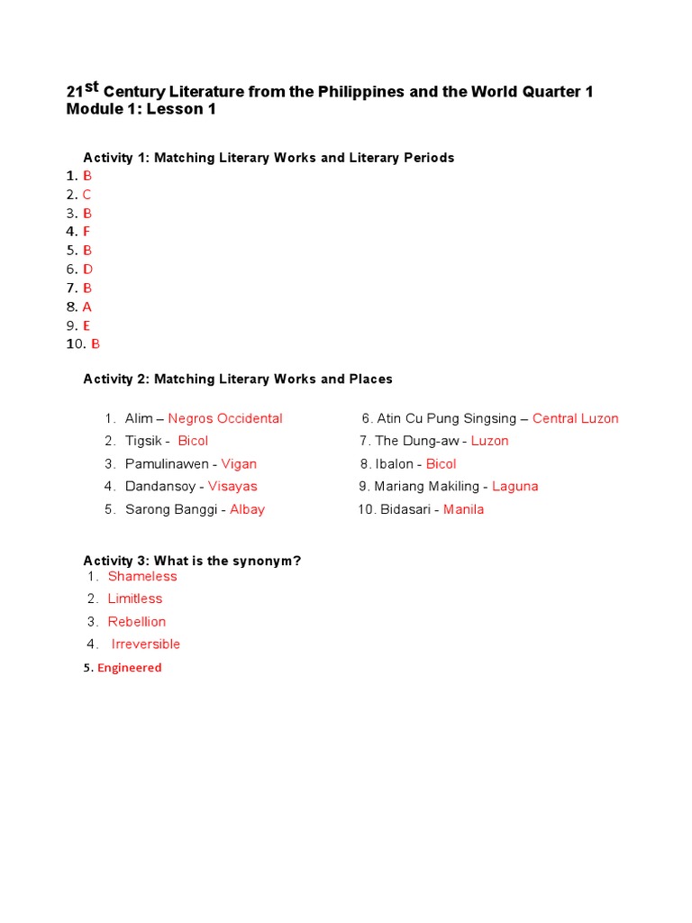 21st Century Literature From The Philippines and The World Answer Sheet ...