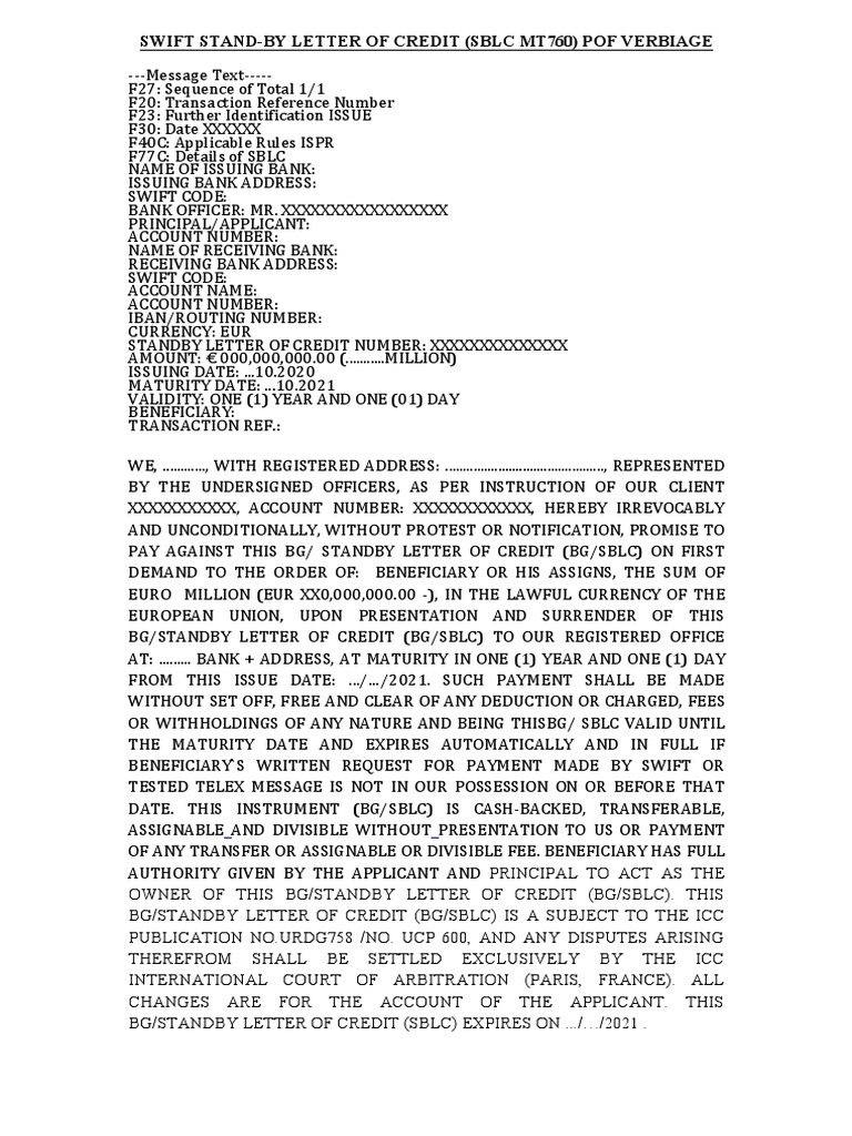 SWIFT SBLC Verbiage and Details | PDF | Letter Of Credit | Private Law