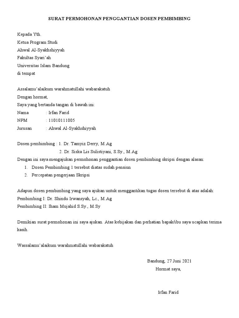 Surat Permohonan Penggantian Dosen Pembimbing | PDF Surat Permohonan Penggantian Dosen Pembimbing | PDF