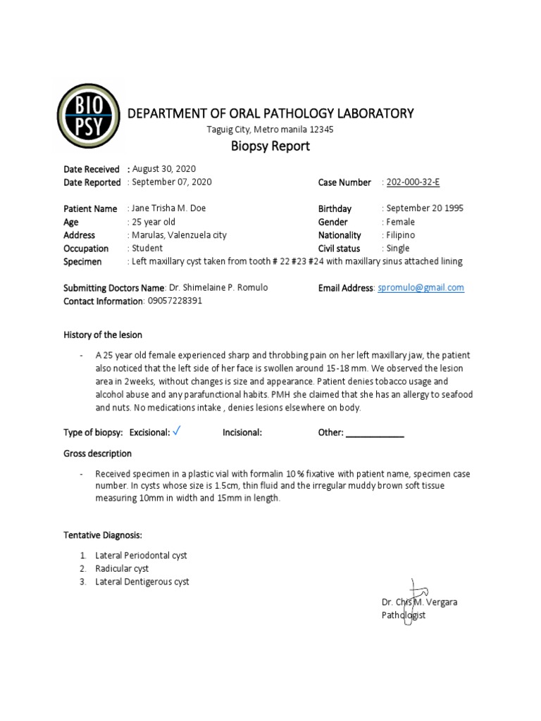 Department of Oral Pathology Laboratory Biopsy Report | PDF | Biopsy ...