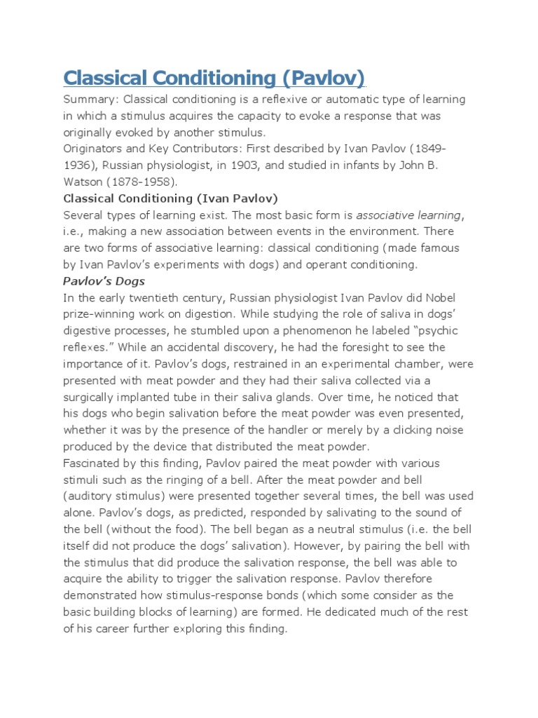 Classical Conditioning (Ivan Pavlov) | PDF | Classical Conditioning ...