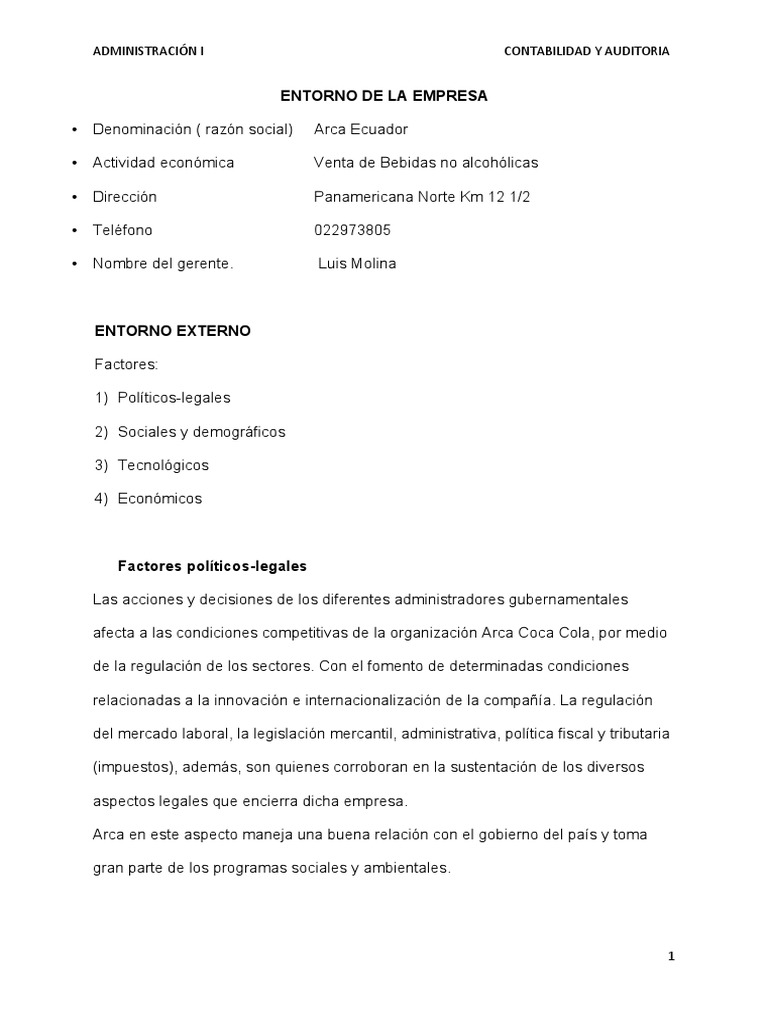 Análisis Del Entorno Empresarial De Arca Pdf Coca Cola Ecuador