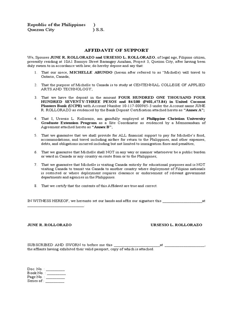 Affidavit of Support | PDF | Philippines | Government And Personhood