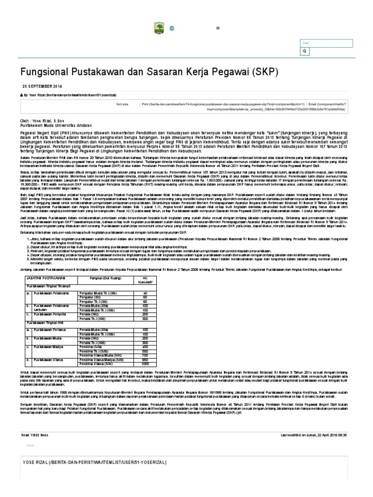 Fungsional Pustakawan Dan Sasaran Kerja Pegawai (SKP) | PDF
