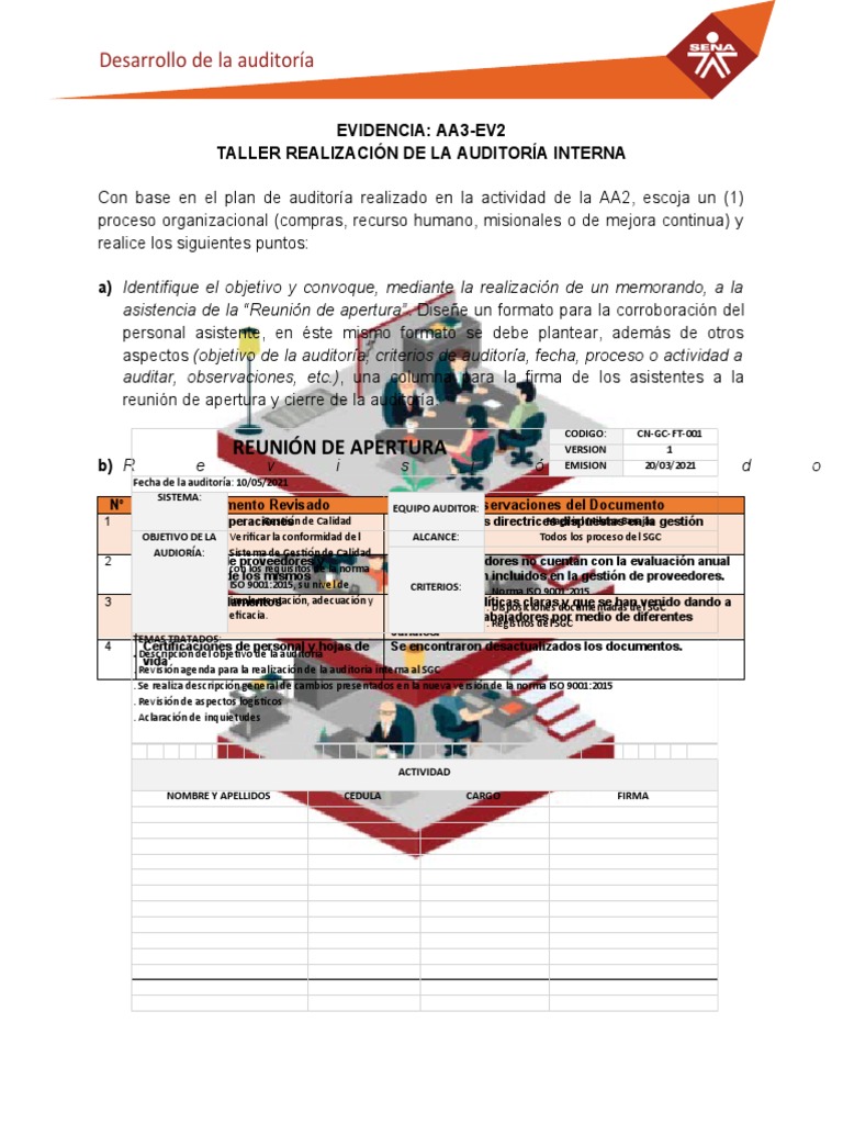 Formato Evidencia AA3 Ev2 Taller | Descargar gratis PDF | Sistema de manejo de calidad | Auditoría