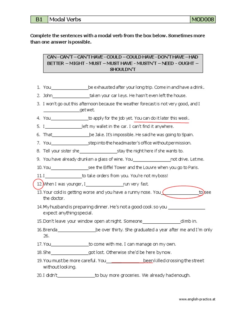 B1 Modal Verbs MOD008: WWW - English-Practice - at | PDF