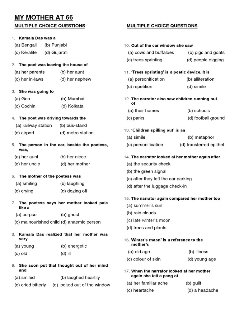 Multiple-Choice-Questions My Mother at Sixty Six | PDF