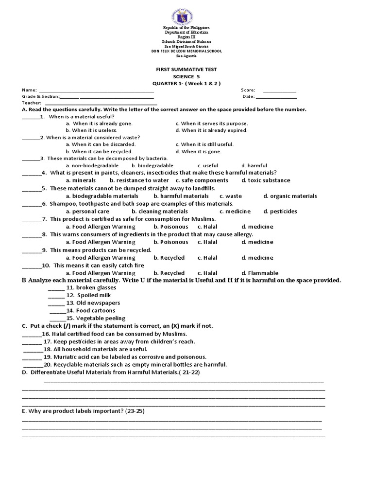 First Summative Test Science 5 QUARTER 1 - (Week 1 & 2) | PDF ...