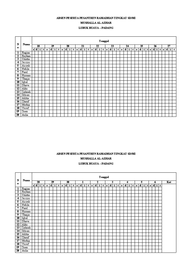Absen Peserta Pesantren Ramadhan | PDF
