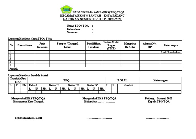 Format Laporan Santri & Guru TPQ 2021 | PDF