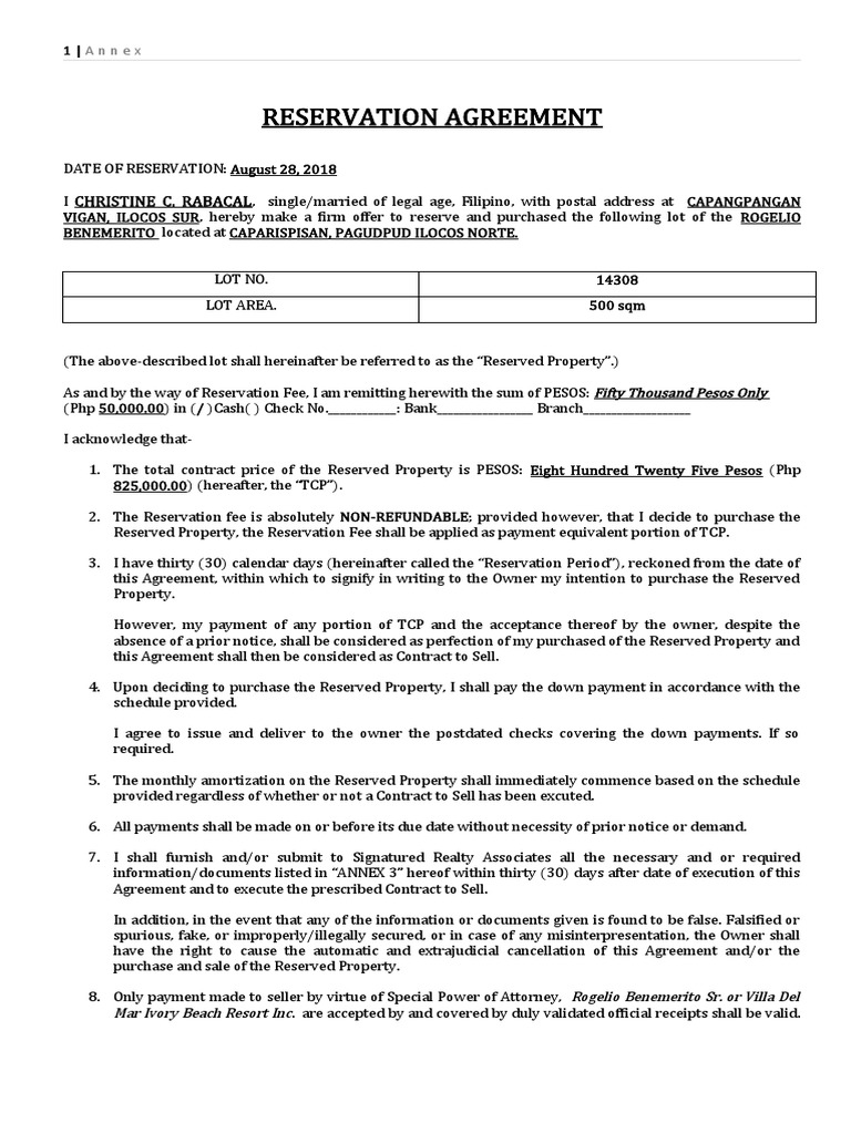 Reservation Agreement Form | Download Free PDF | Payments | Common Law
