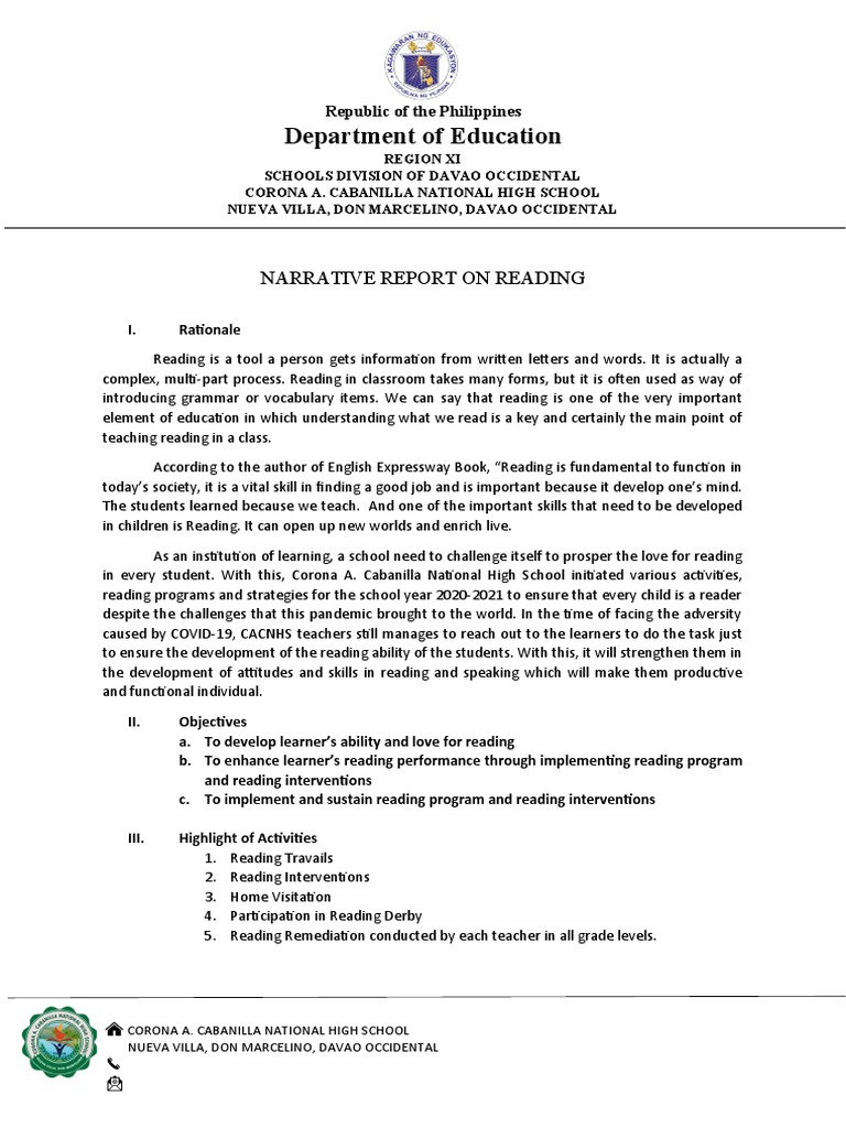Department of Education: Narrative Report On Reading | PDF | Teachers ...
