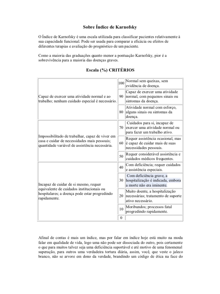 Avaliação do Índice de Karnofsky | PDF | Tortura | Epidemiologia