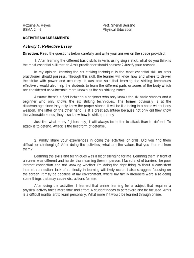 Activity 1. Reflective Essay: Activities/Assessments | PDF | Teaching ...