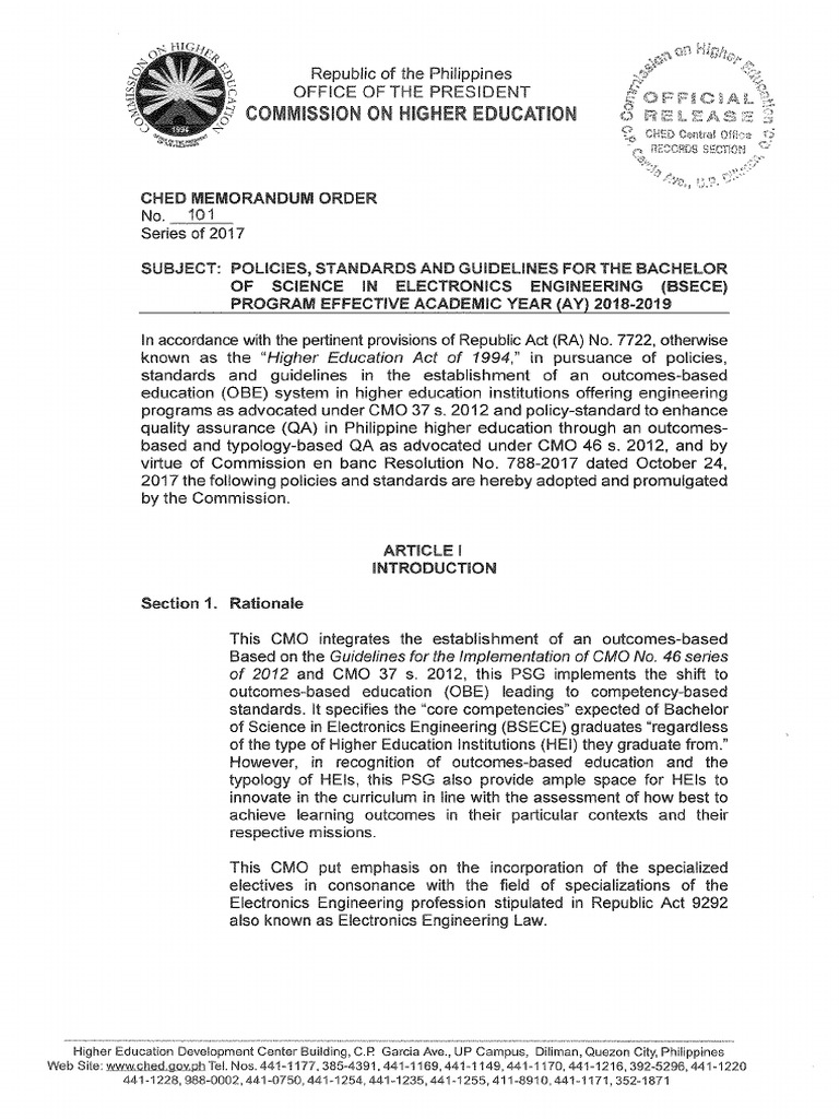 CMO 101 S. 2017 BS Electronics Engineering | PDF