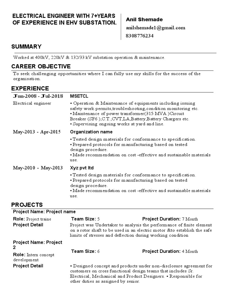 Electrical Engineer With 7+years of Experience in Ehv Substation | PDF ...