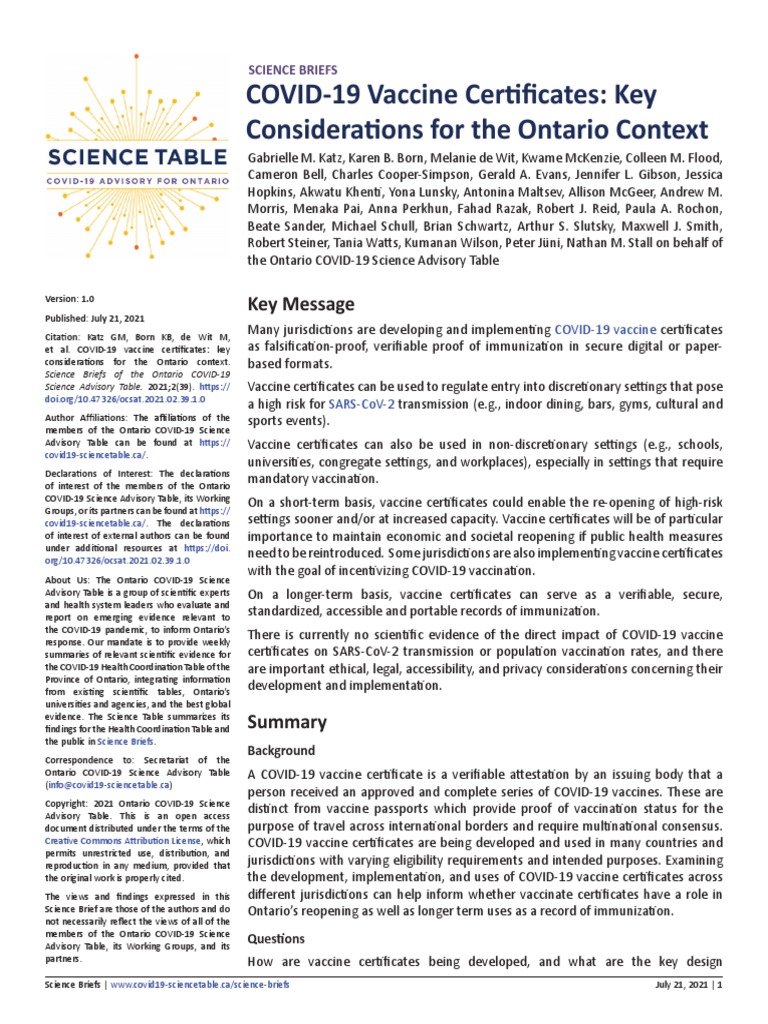 COVID-19 Science Advisory Table On Vaccine Certifications | PDF ...