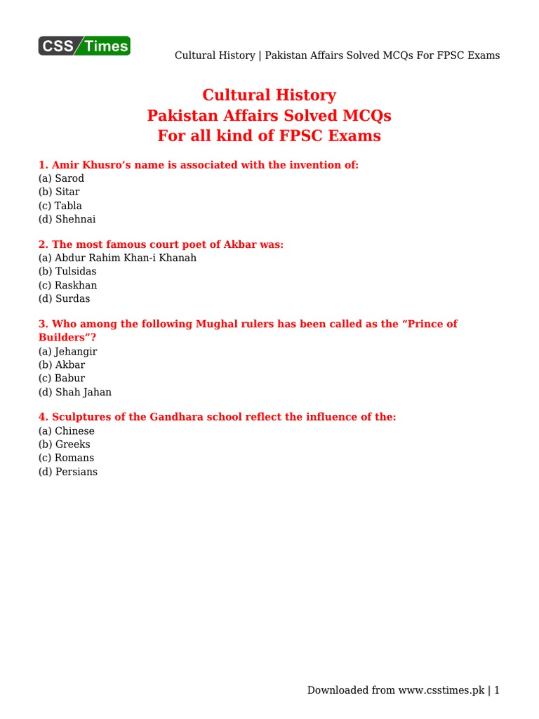 Pakistan Cultural History MCQs | PDF | Mughal Empire | South Asia