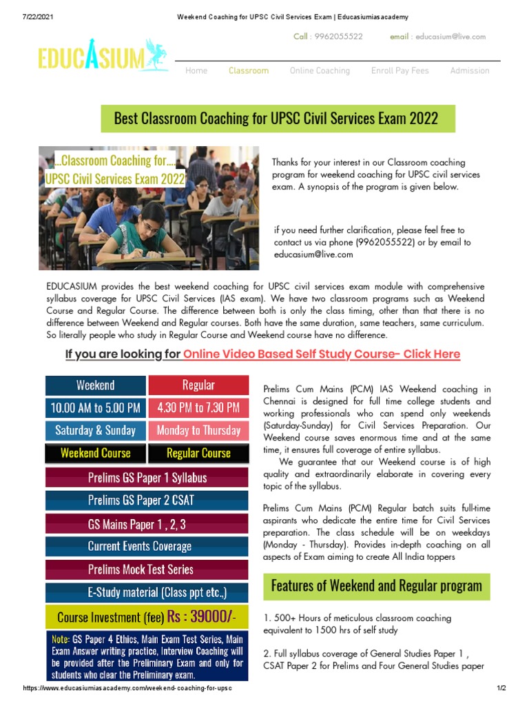 Weekend Coaching For UPSC Civil Services Exam - Educasiumiasacademy | PDF