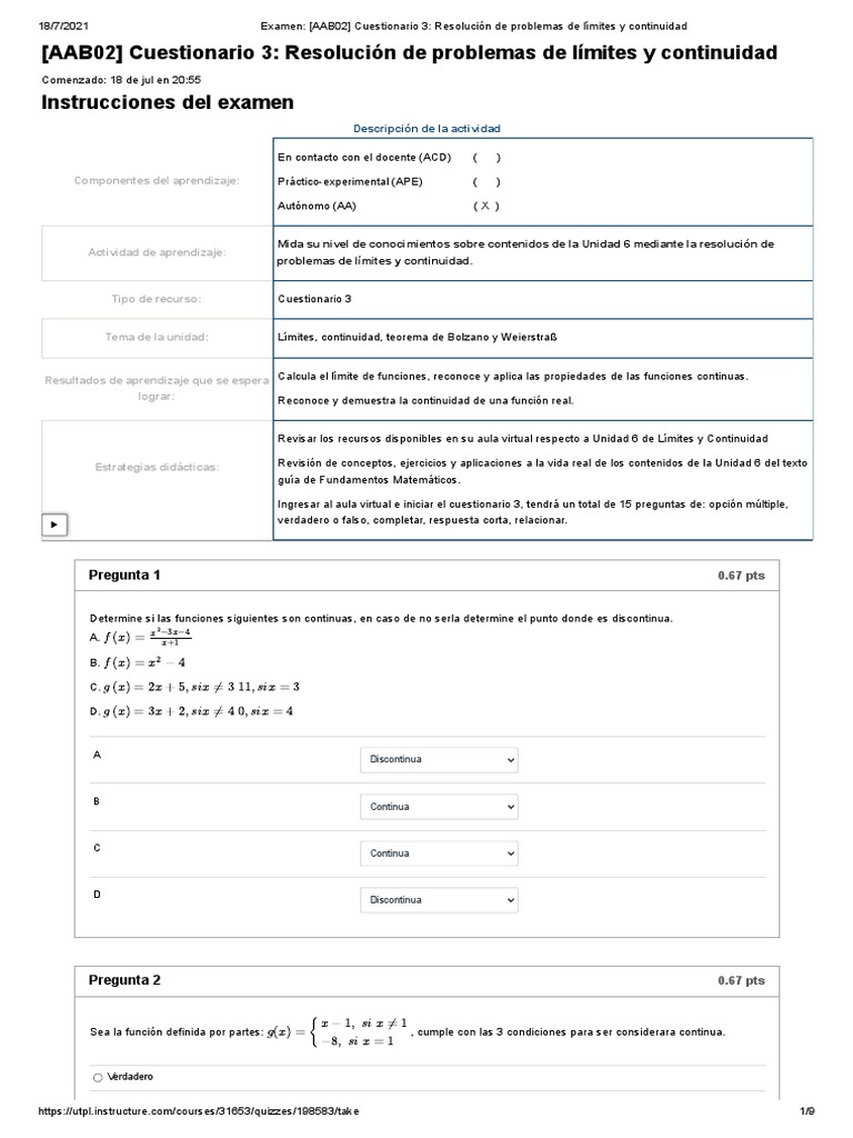 Cuestionario Sobre Límites Y Continuidad Pdf Función Continua