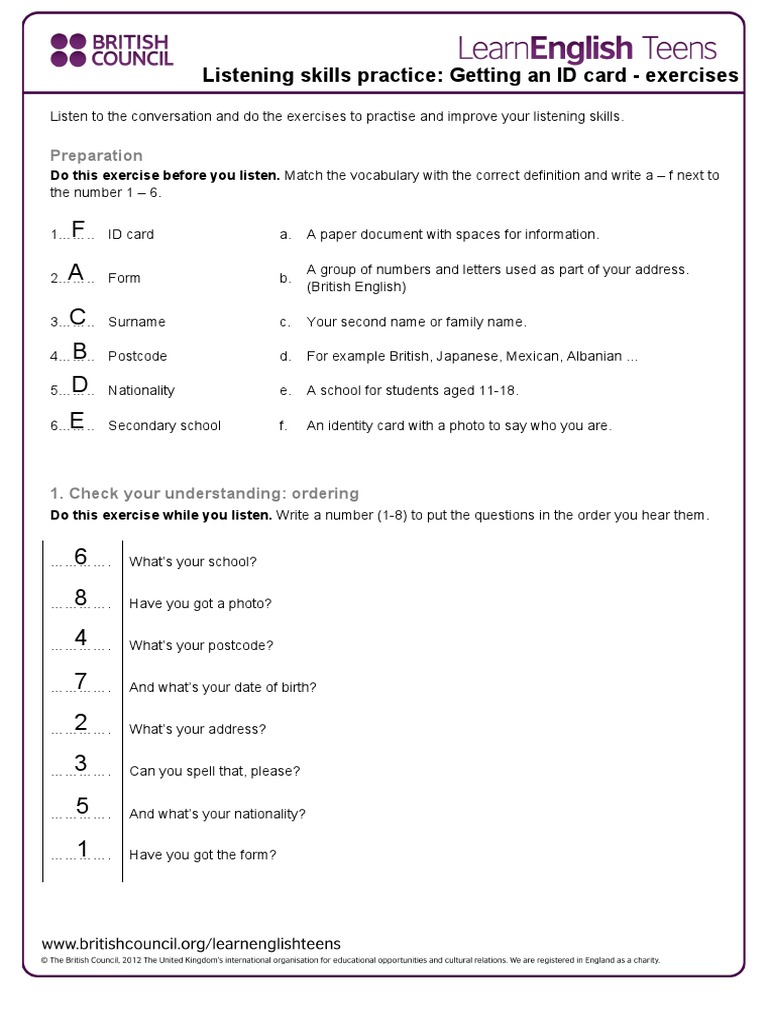 Listening Skills Practice: Getting An ID Card - Exercises: Preparation ...