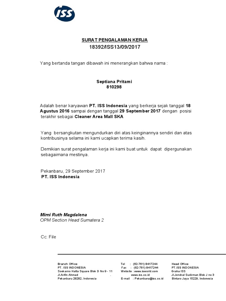 Surat Pengalaman Kerja PT. ISS Indonesia | PDF