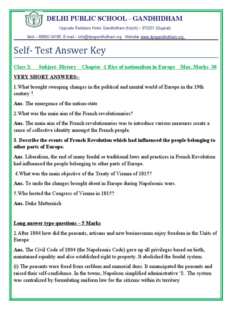Self-Test Answer Key: Delhi Public School - Gandhidham | Download Free ...