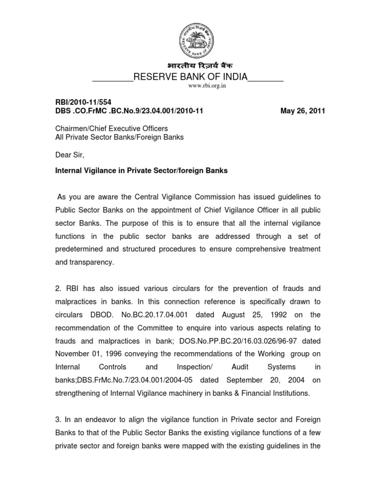 RBI Circular On Vigilance | PDF | Corruption | Audit