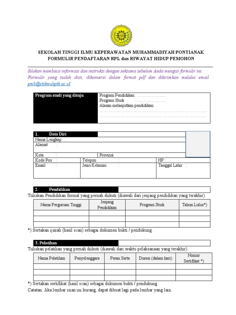 Form 01 Pendaftaran RPL-A2 | PDF