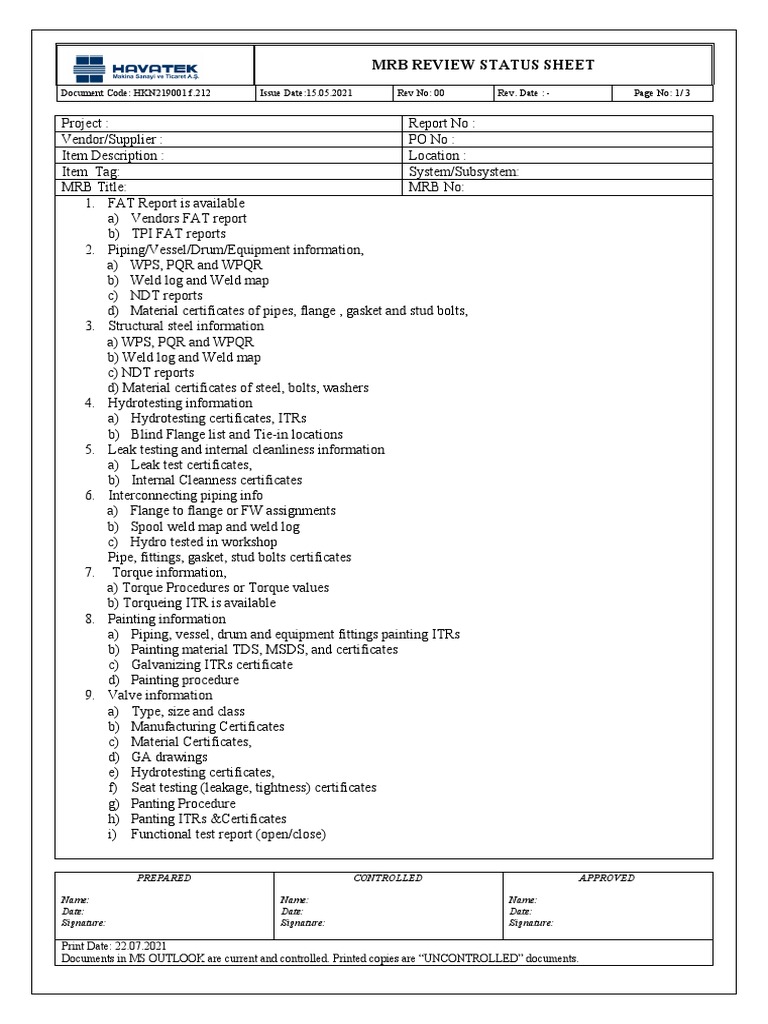 MRB Review Status Sheet | PDF | Pipe (Fluid Conveyance) | Leak