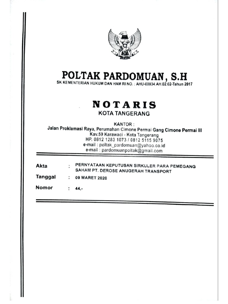 Pernyataan PT - Derose Anugerah Transport | PDF