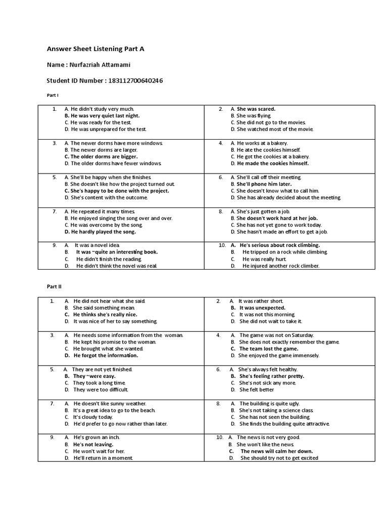 Answer Sheet Listening Part A | PDF